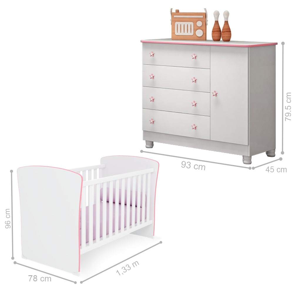 Conjunto Quarto Infantil Cômoda e Berço Ben Branco Rosa - Ri Happy