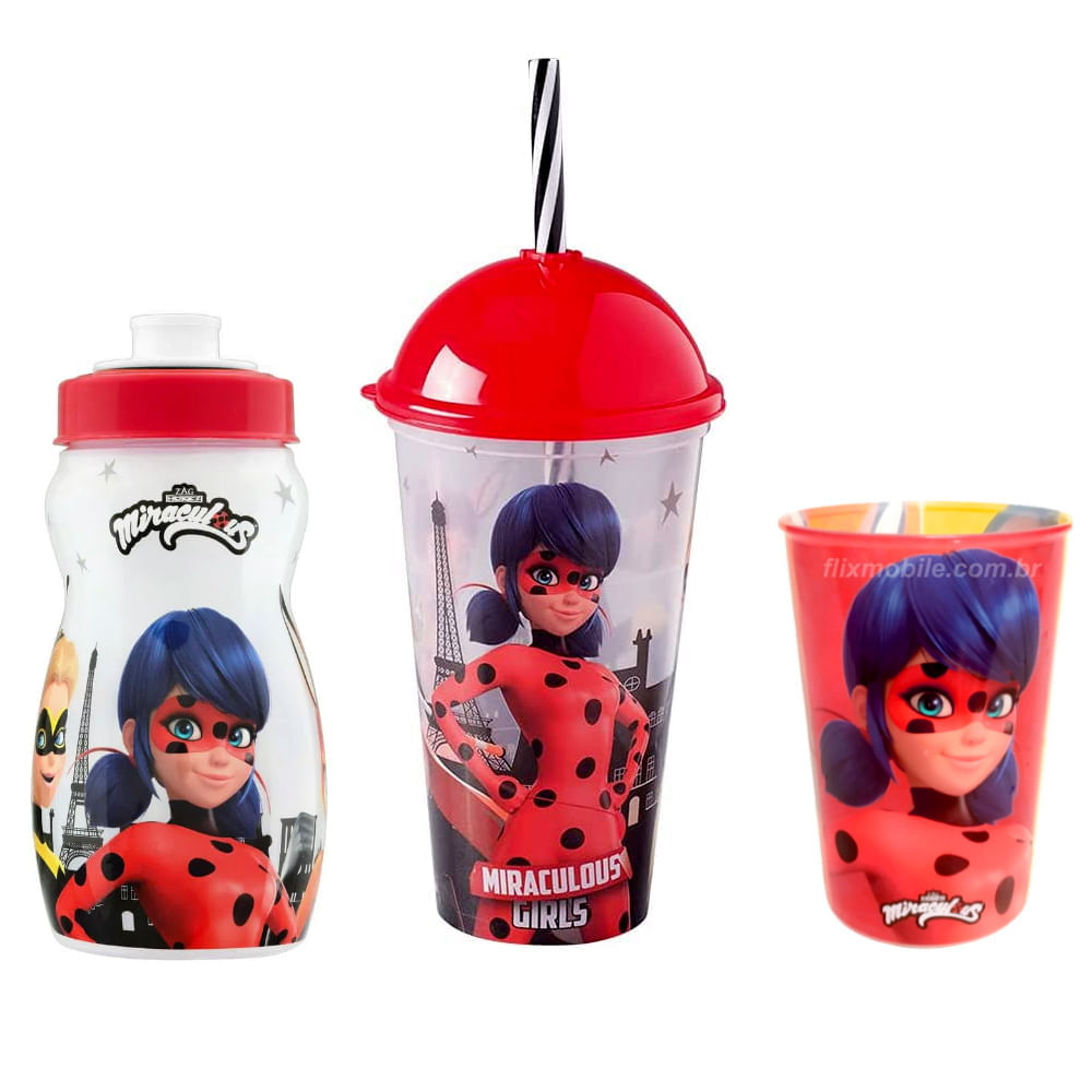 Kit 2 Copos e Garrafinha Squeeze da Ladybug Miraculous