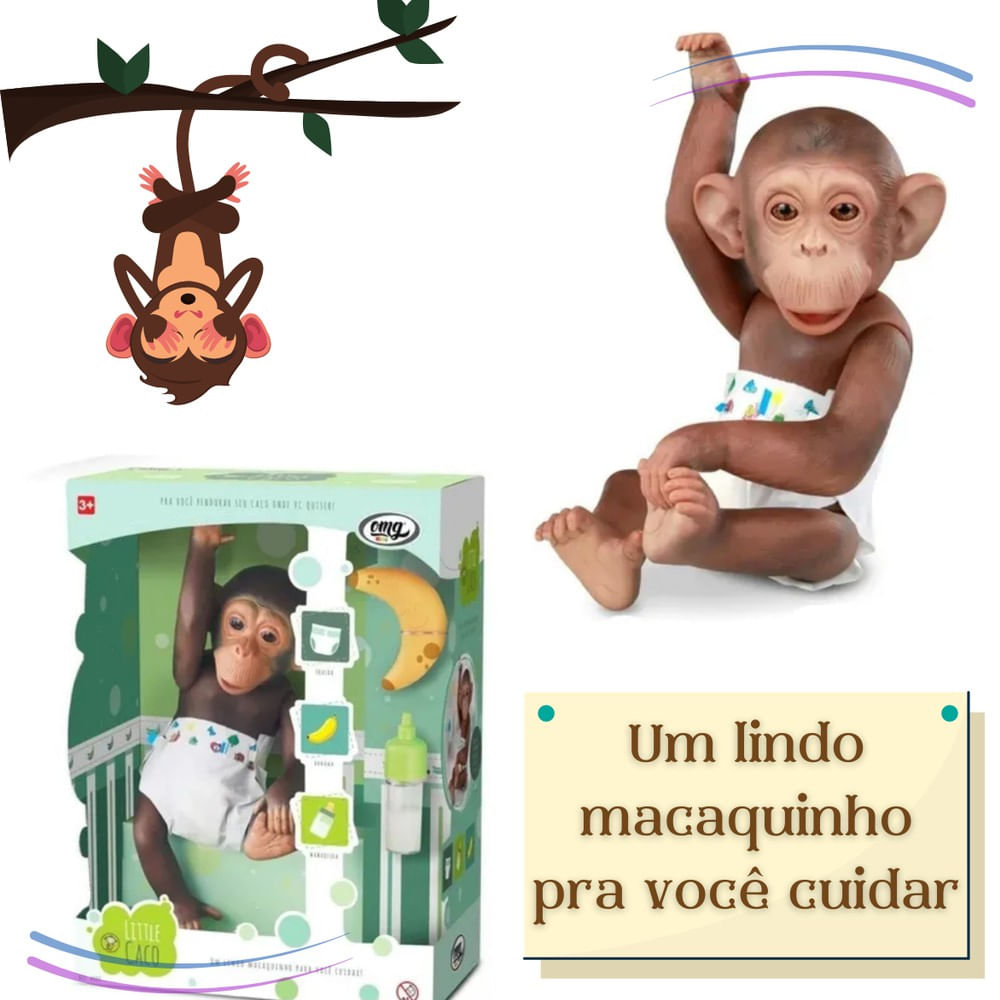 Boneco Macaco Little Caco C/ Fralda Mamadeira E Banana OMG - Ri Happy