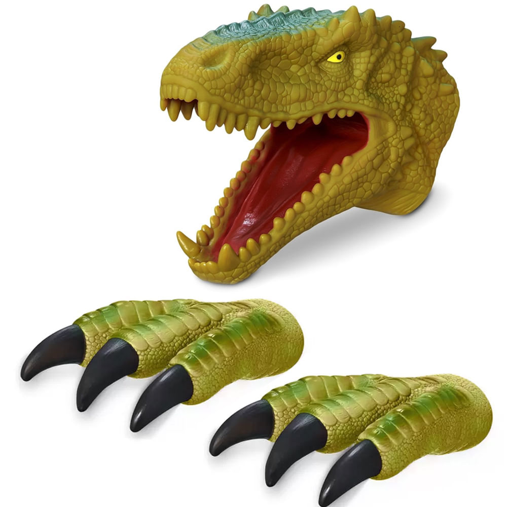 Kit Fantoche Dinossauro T-rex 1 Cabeça + 2 Mão Garra 3 Peças cor:verde ...