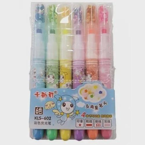 Kit 6 Canetas Marca Texto Neon Com Ponta De Estrela E Brilho - Ri Happy