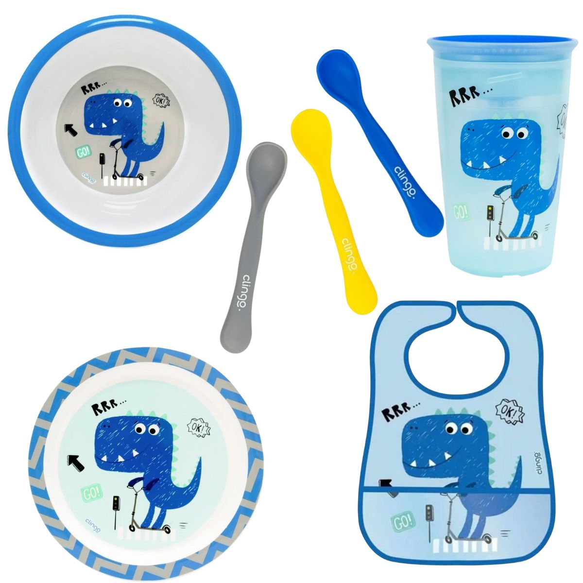Kit Alimentação Dino Clingo Azul com 7 Itens - Ri Happy