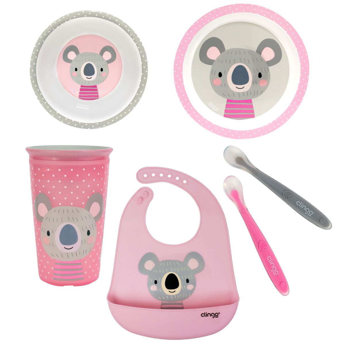 Kit Alimentação Coala Clingo Rosa e Cinza com 6 Itens Mod 2 - Ri Happy