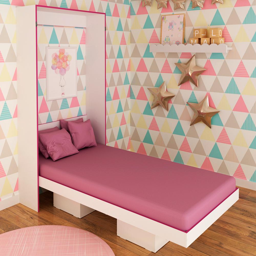 Cama Retratil De Parede Solteiro CM8015 Branco Rosa Tecno Mobili - Ri Happy