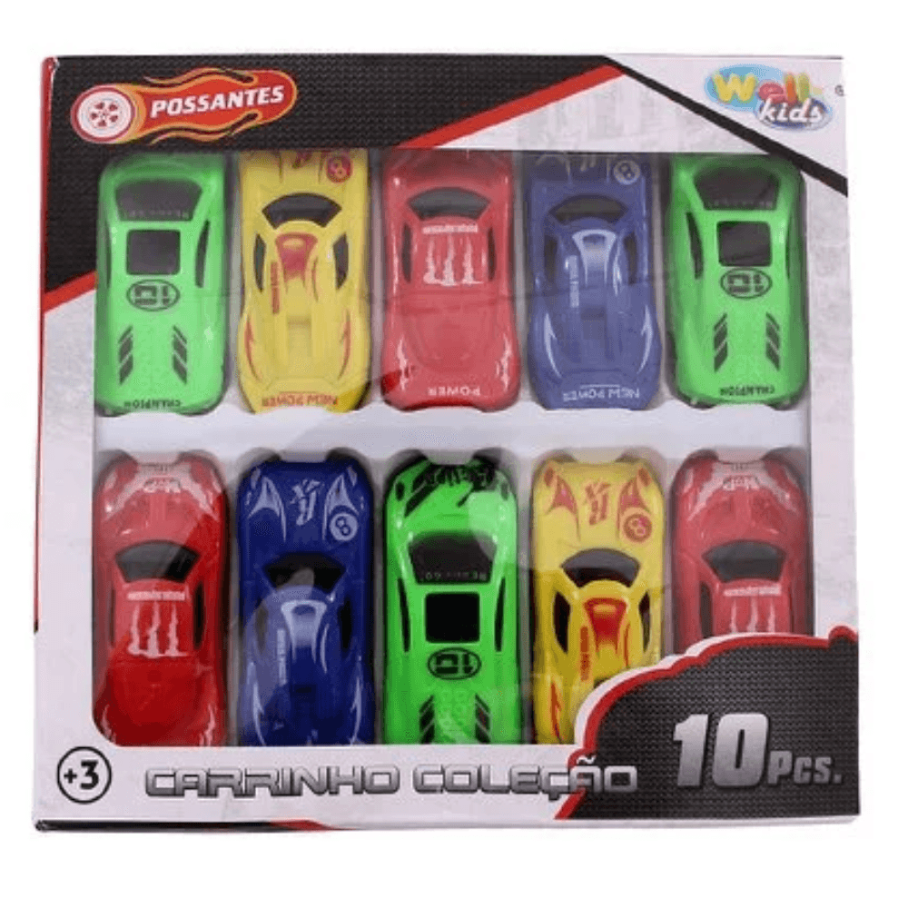Kit de 10 Carrinhos em Miniatura Coleção Coloridos WellKids