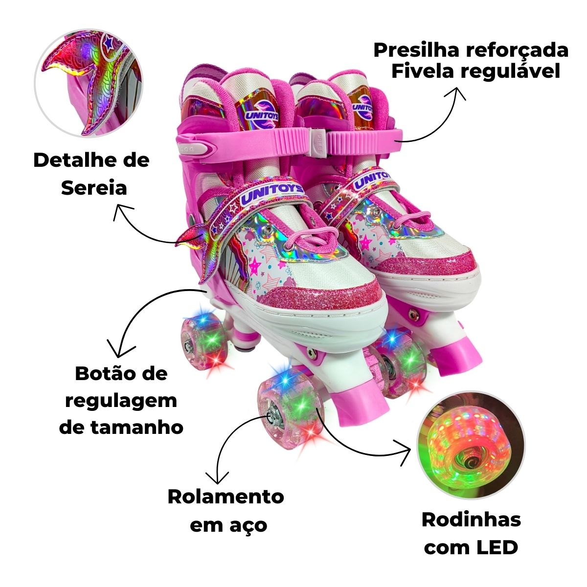 Patins Quad Infantil Sereia Ajustável 4 Rodas c/ Led - Ri Happy
