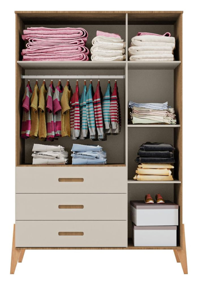 Guarda Roupa Emilly Off White/Carvalho 3 Portas 3 Gavetas Canaã - Ri Happy