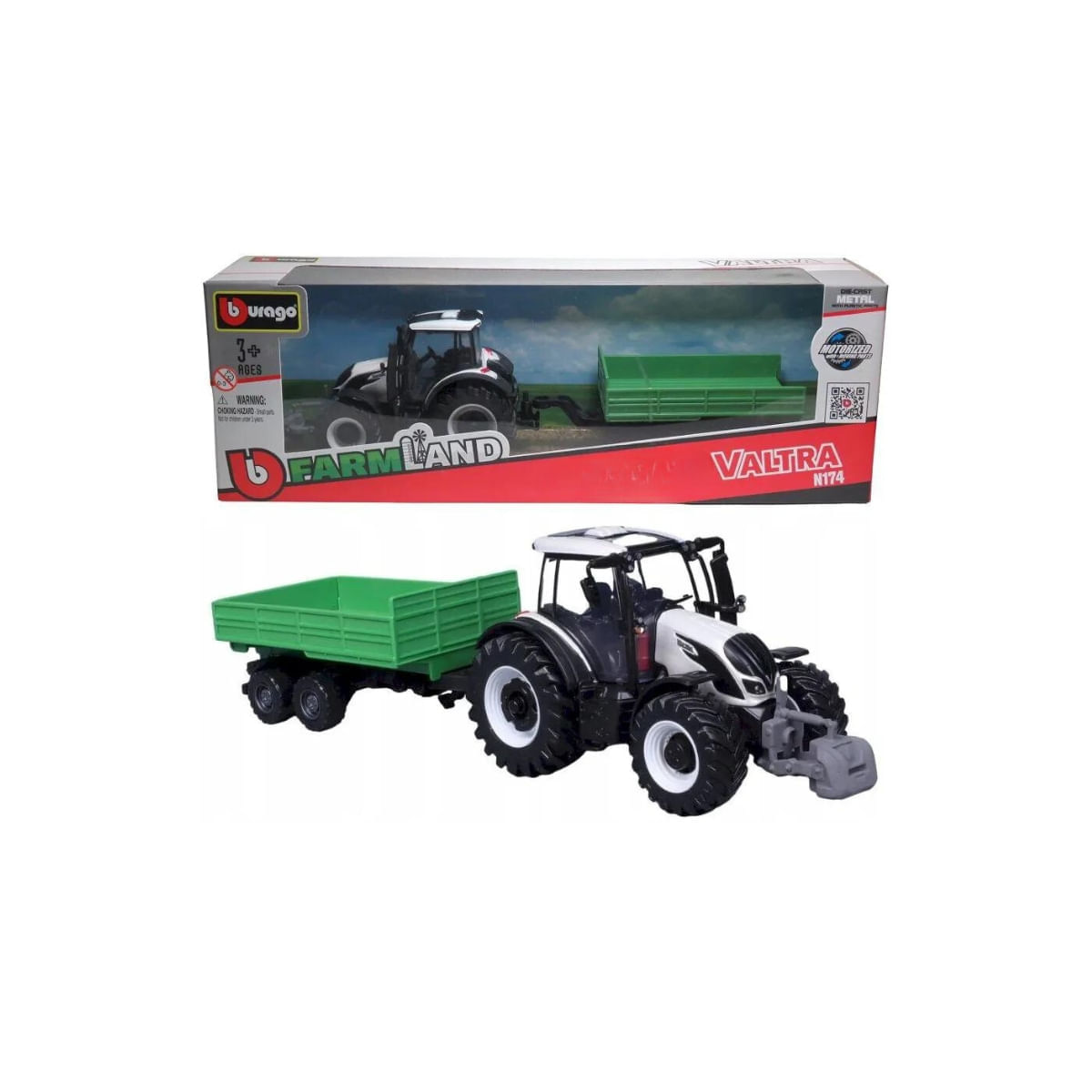 Miniatura Trator Valtra N174 Com Carreta Branco Bburago 31676