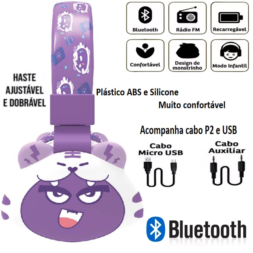 Fone Bluetooth Infantil Roxo Headset Sem Fio Orelhas