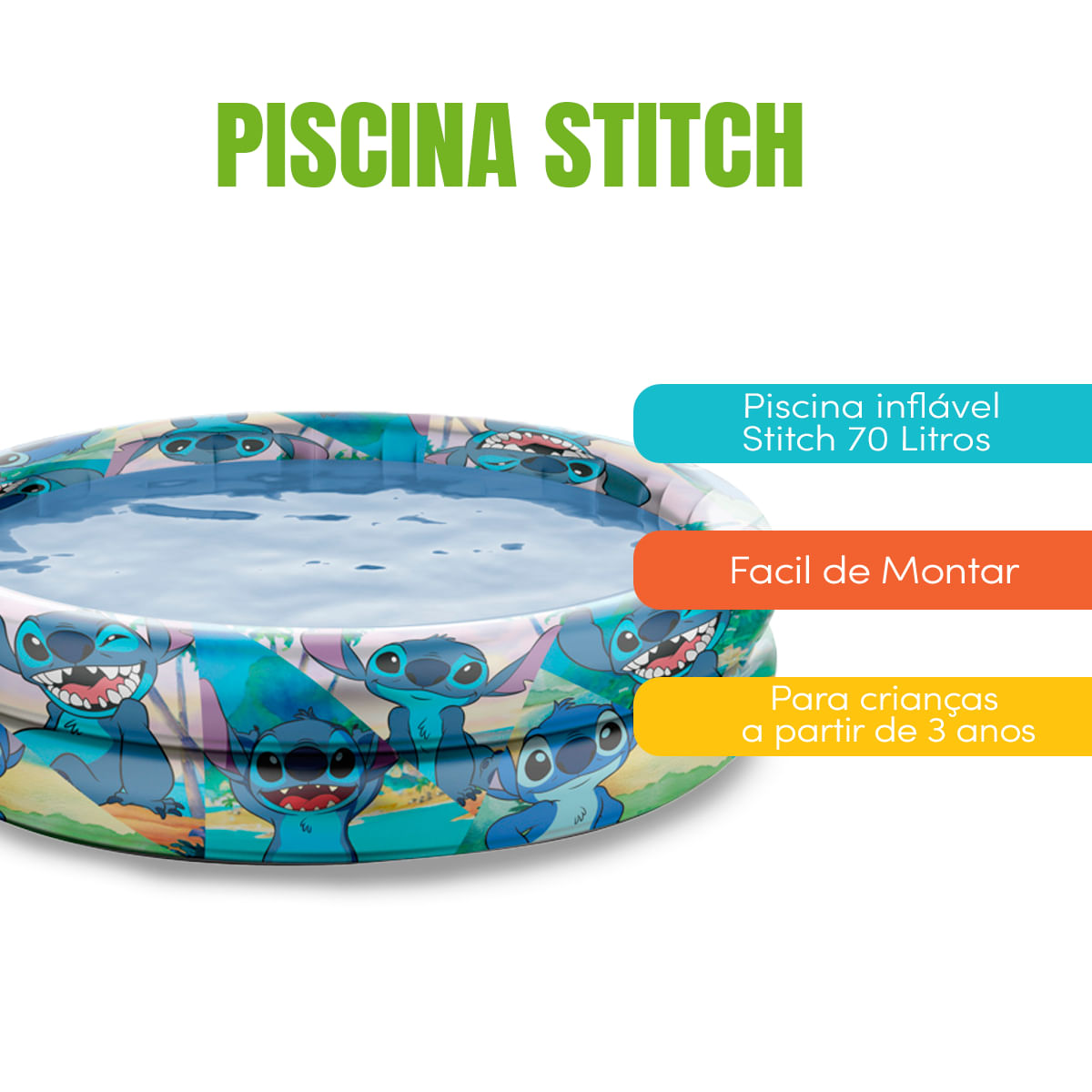 Piscina Infantil Stitch Inflável 70 litros Acima de 3 anos - Ri Happy