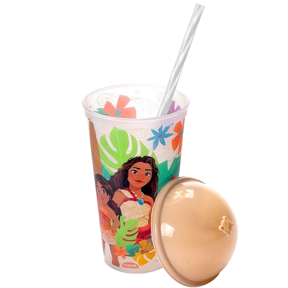 15 Copos Shake Infantil da Moana Tampa e Canudo 500ml Original