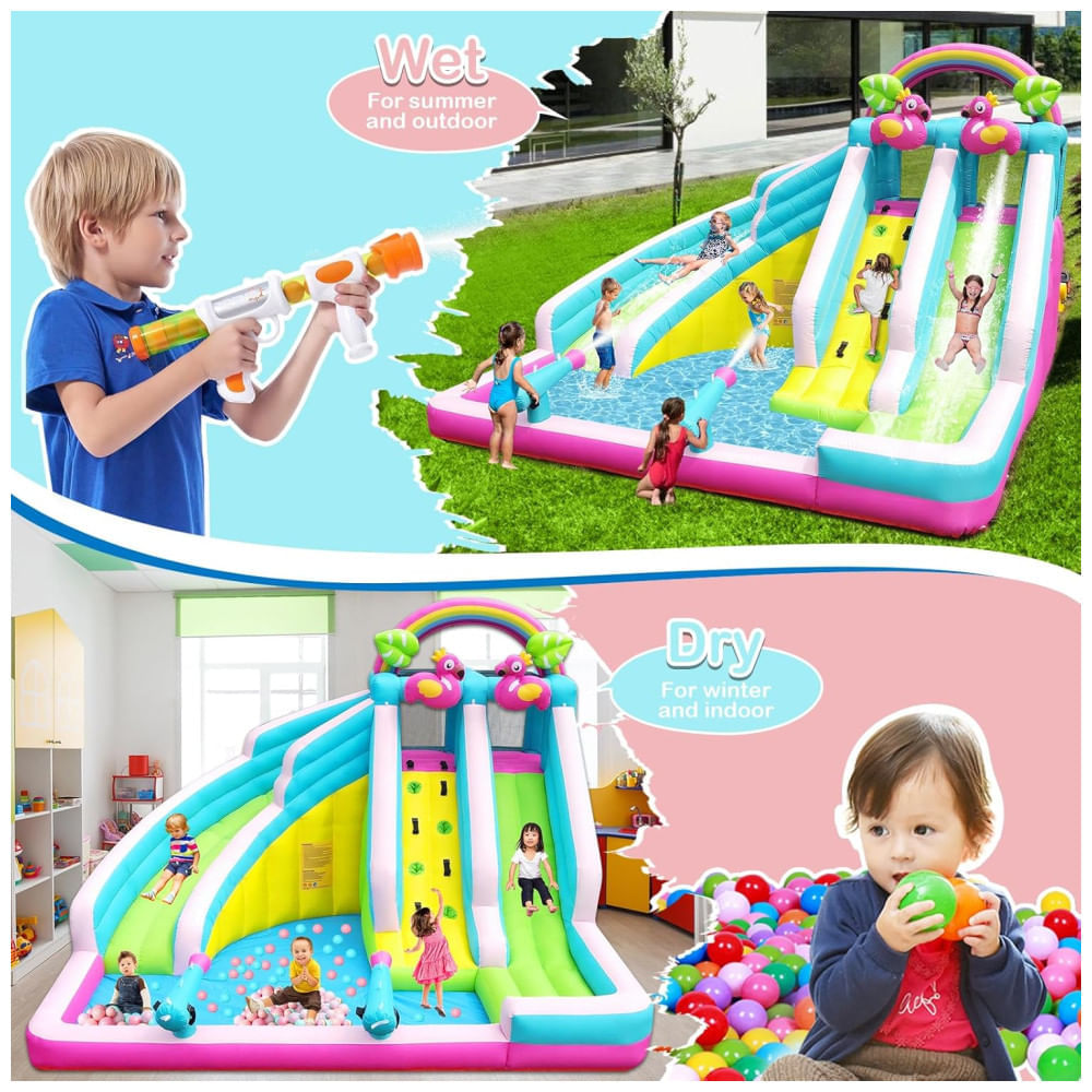 Parque Aquático Inflável 6 em 1 com Tema Flamingo, Tobogã Duplo ...